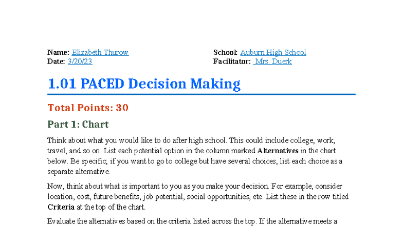 01-01 PACED Decision Making: Evaluating Post-High School Options - Studocu