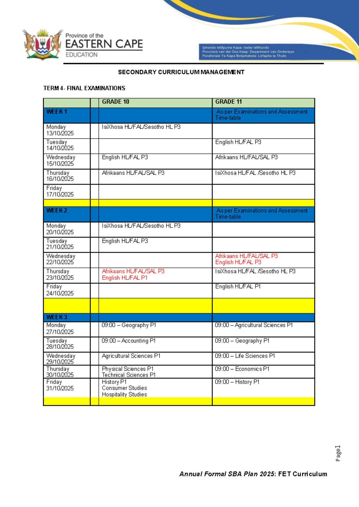 Grade 10 & 11 Final Exam Timetable 2025: Secondary Curriculum - Studocu