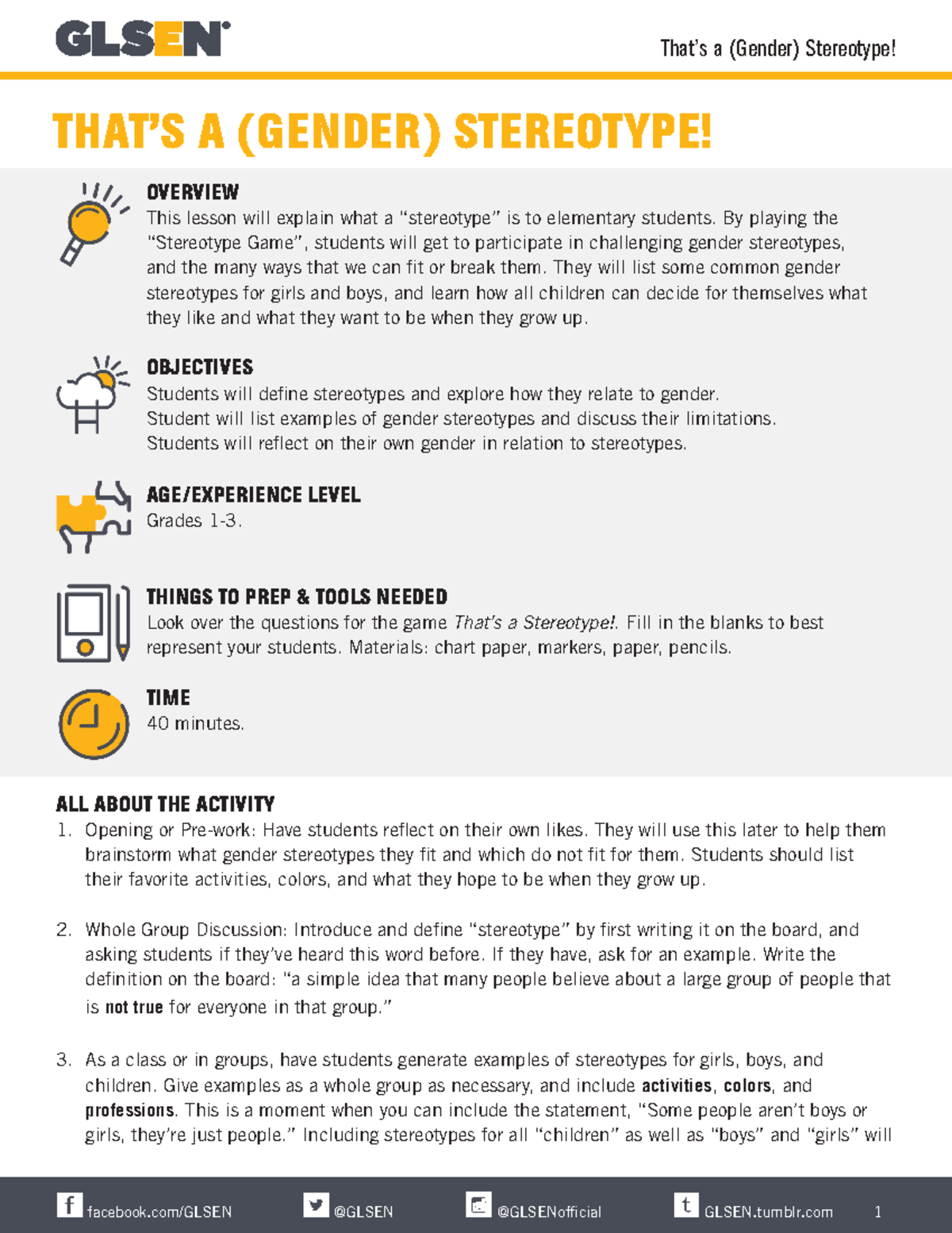 Gender Stereotype Lesson Glsen - ALL ABOUT THE ACTIVITY 1. Opening or ...