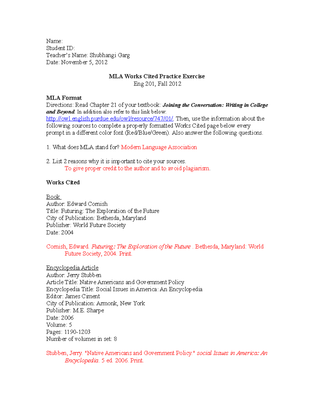 ENG201 - MLA Works Cited Formatting Exercise and Practice Guide - Studocu