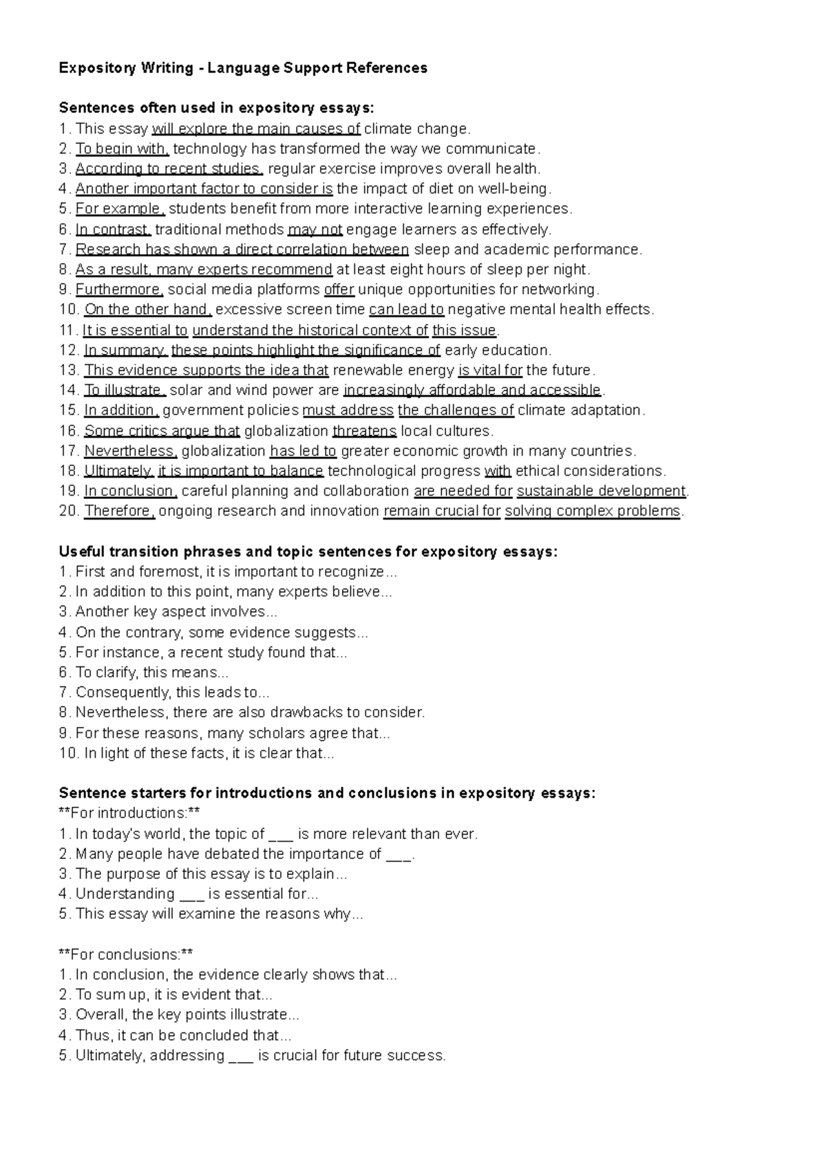 Expository Writing Language Support: Useful Expressions and Sentences ...