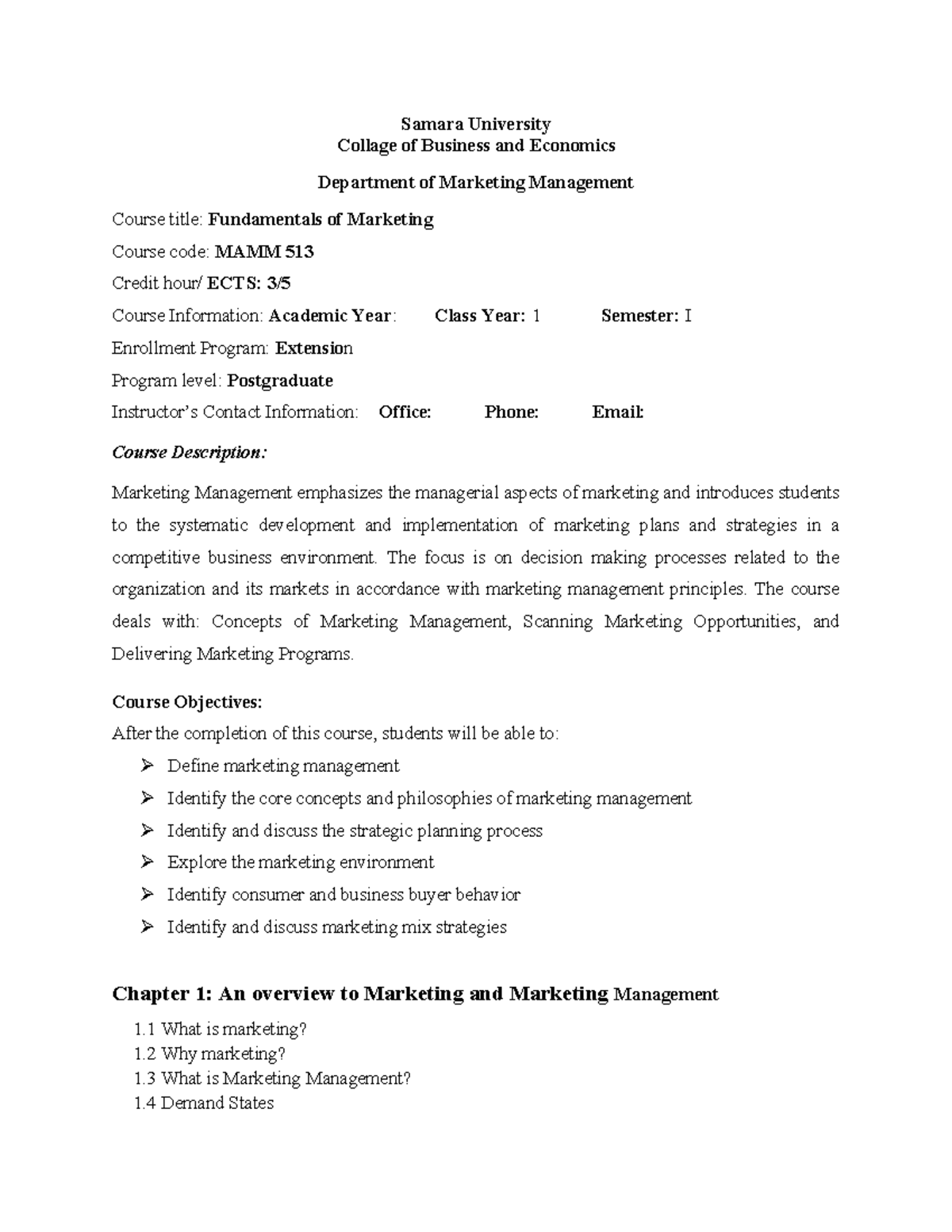 Syllabus Fundamentals of Marketing - Samara University Collage of ...