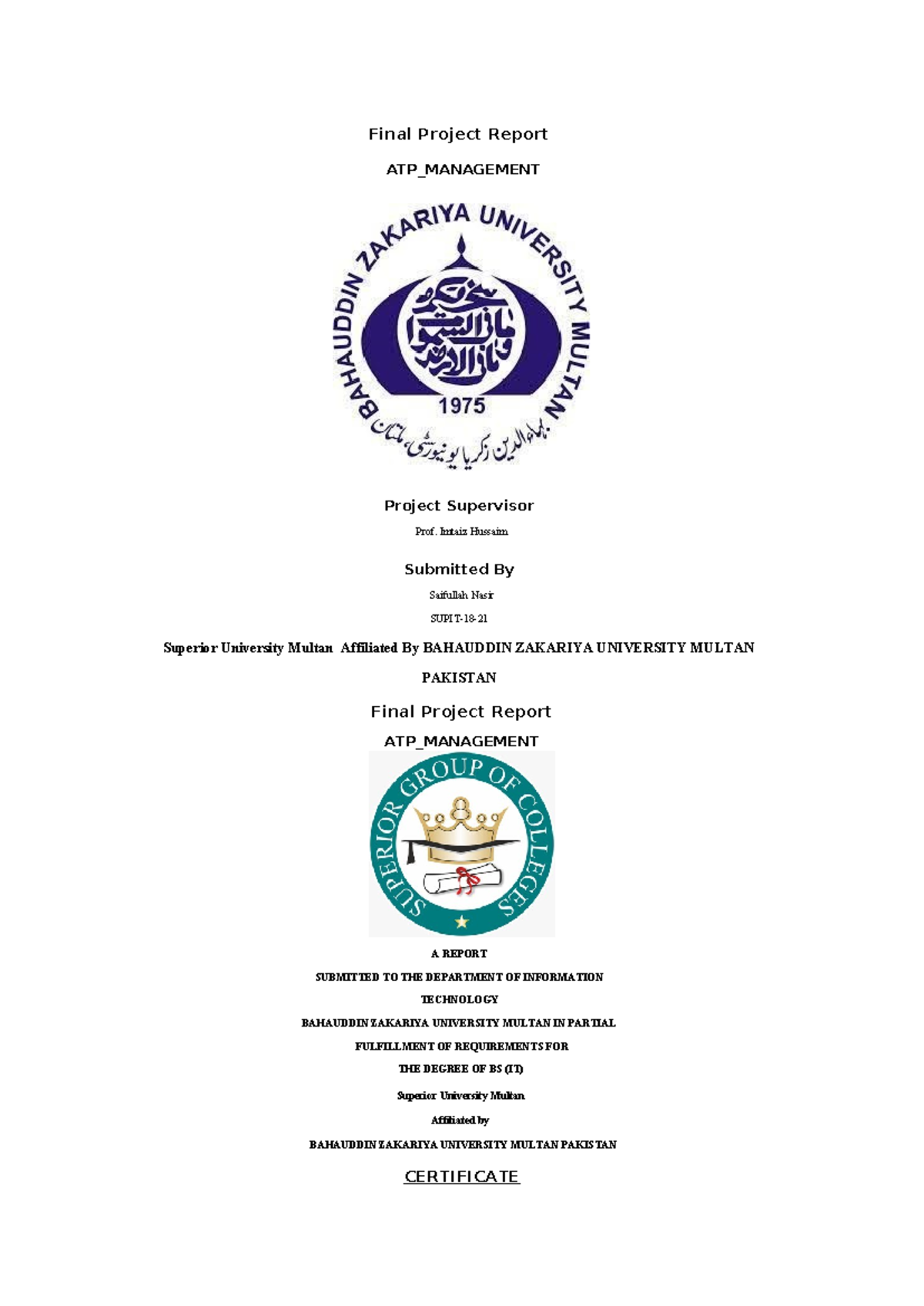 Final Project Report on ATP Management System (SUPIT-18) - Studocu