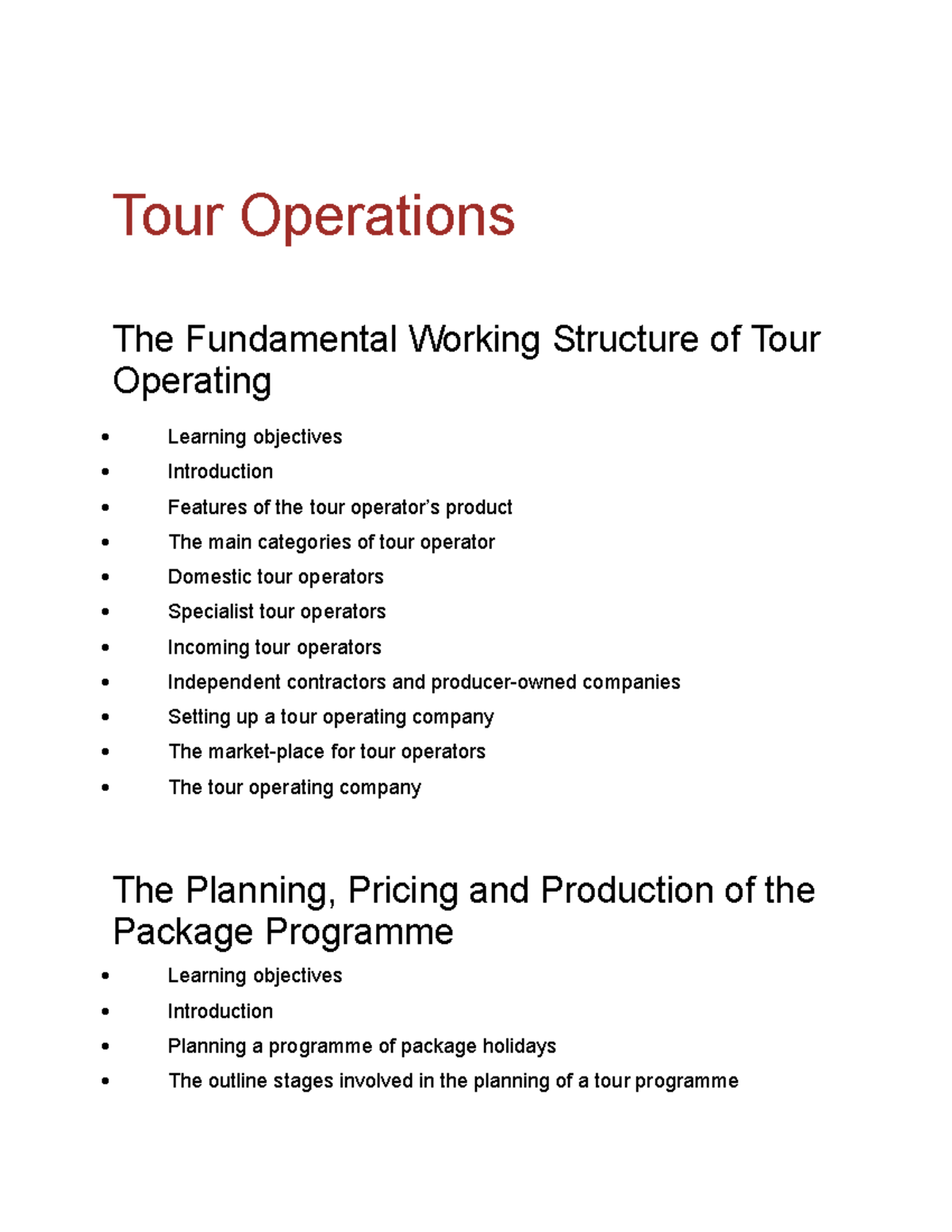Tour Operations ICM - Comprehensive Study Notes - Studocu