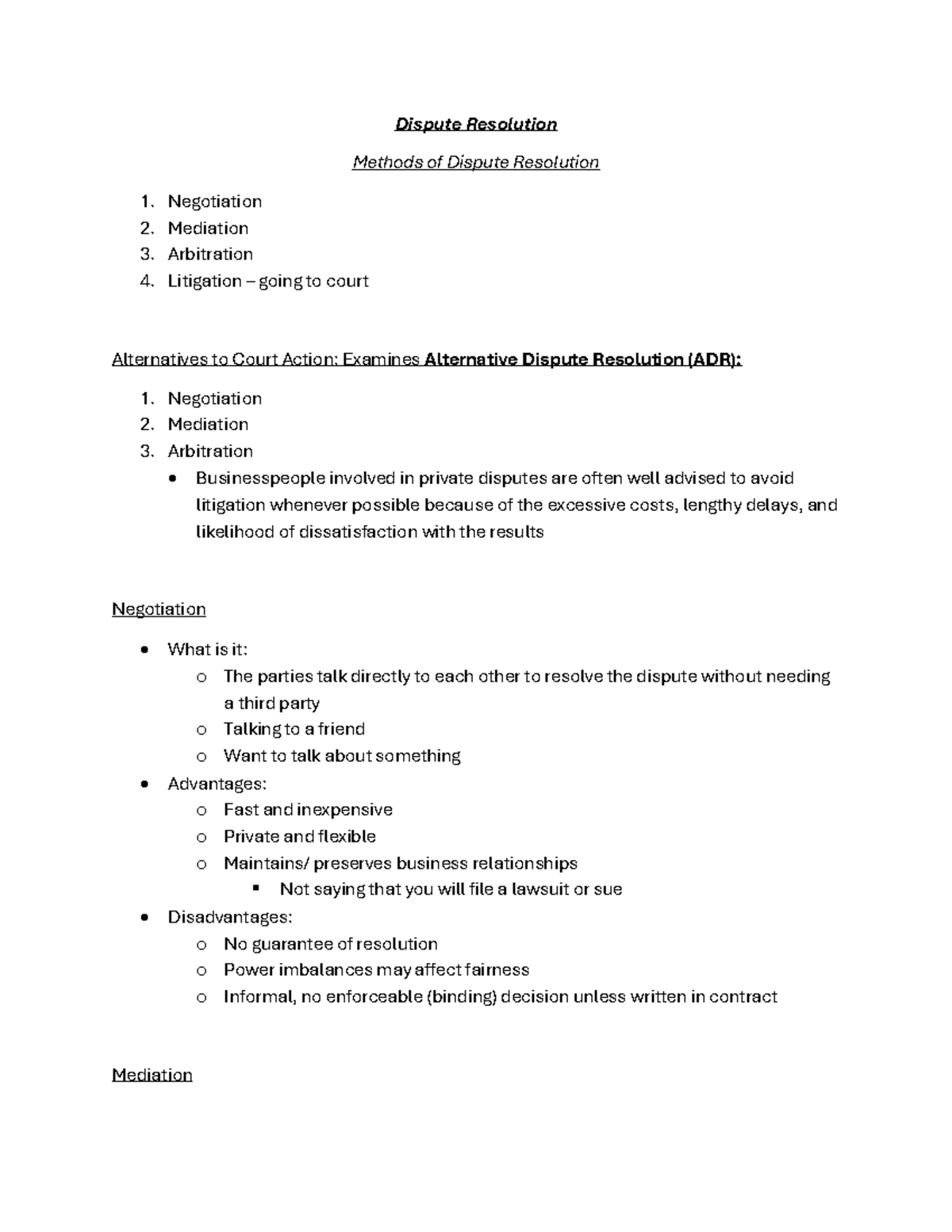 Dispute Resolution Methods: Chapter Notes for Course Code 101 - Studocu