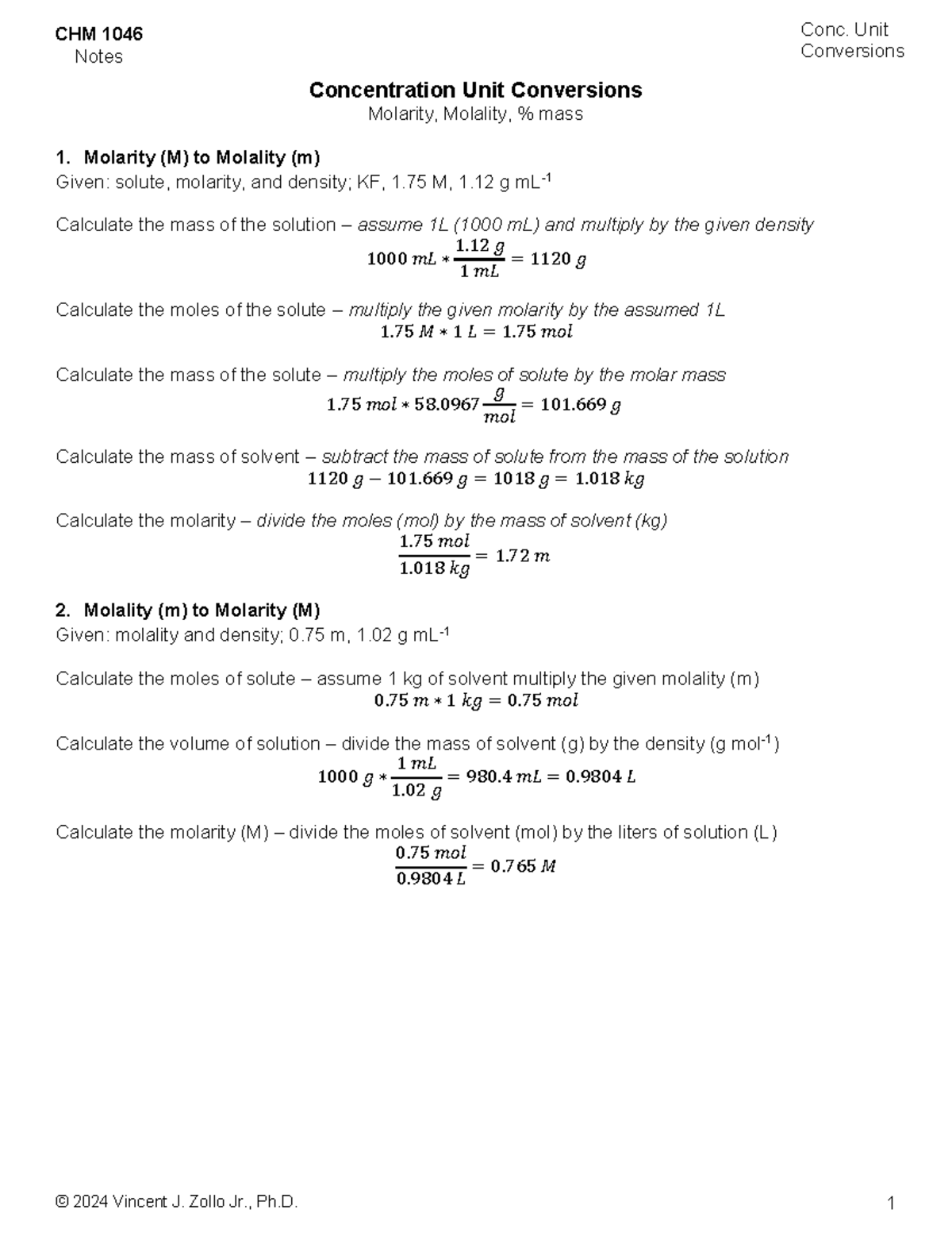 Concentration Unit Conversions CHM 1046 Notes: Molarity & Molality ...