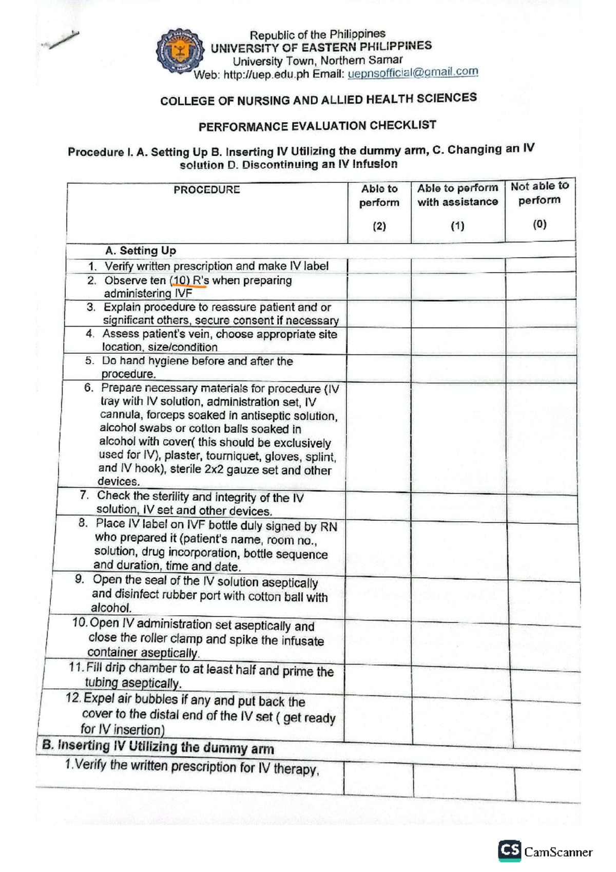 Performance Evaluation Checklist for IV Procedures - Nursing 101 - Studocu