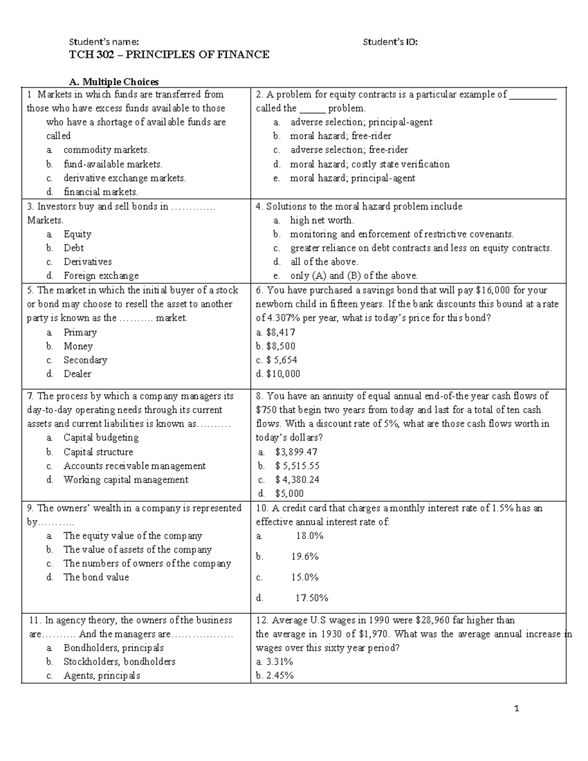 TCH 302 Final Exam: Principles of Finance Multiple Choice Questions ...