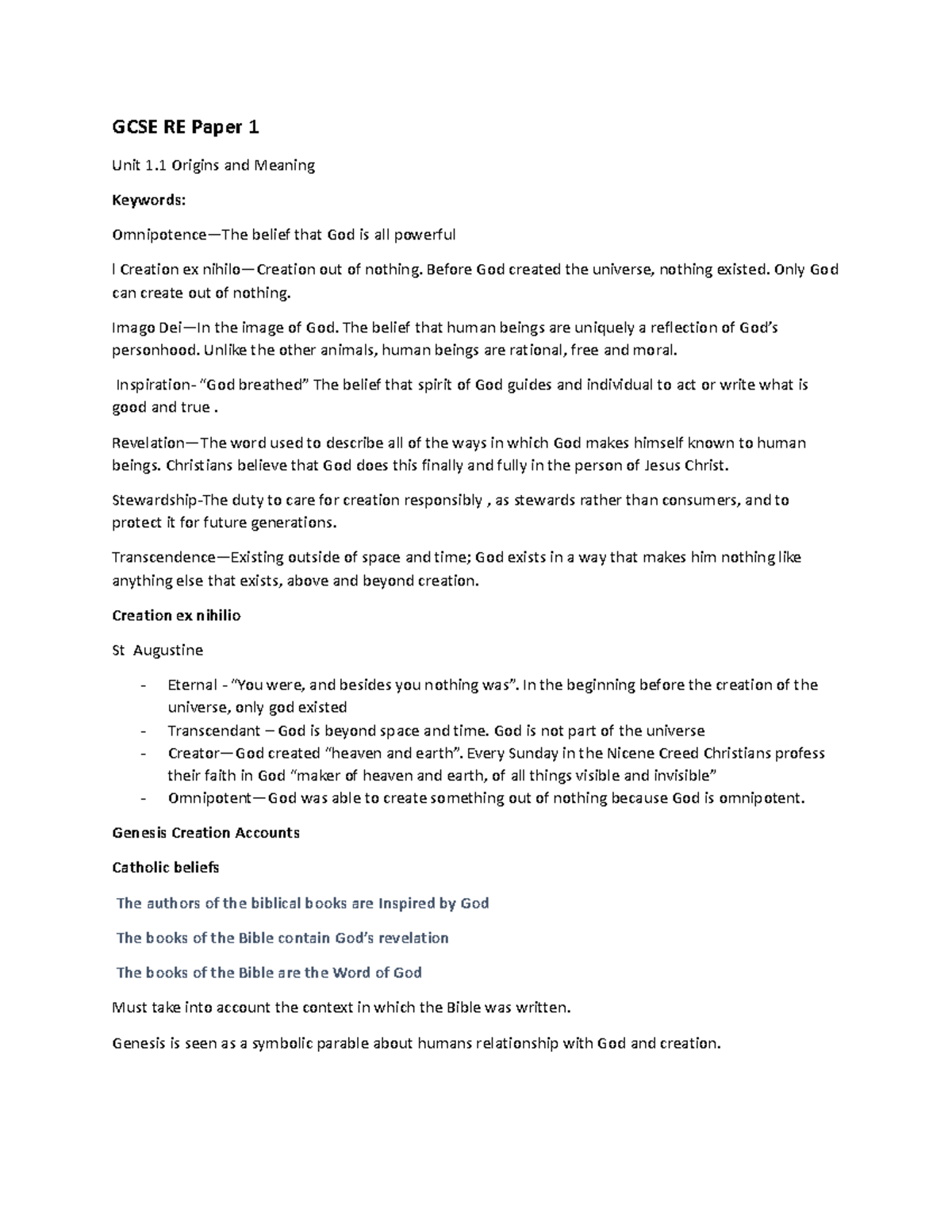 GCSE RE Paper 1 - Origins and Meaning of Creation and God - Studocu