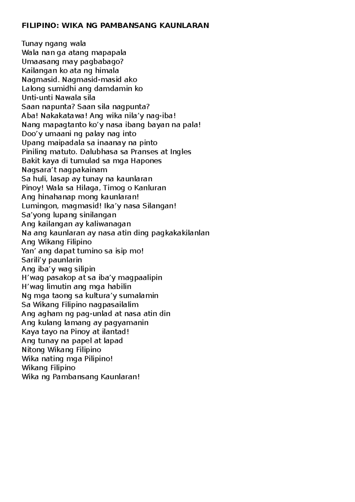 Piyesa sa Deklamasyon - Wika ng Pambansang Kaunlaran 095629 - Studocu