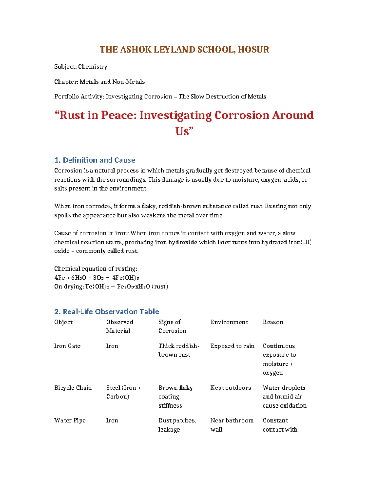 Chemistry Portfolio Activity: Investigating Corrosion in Metals - Studocu