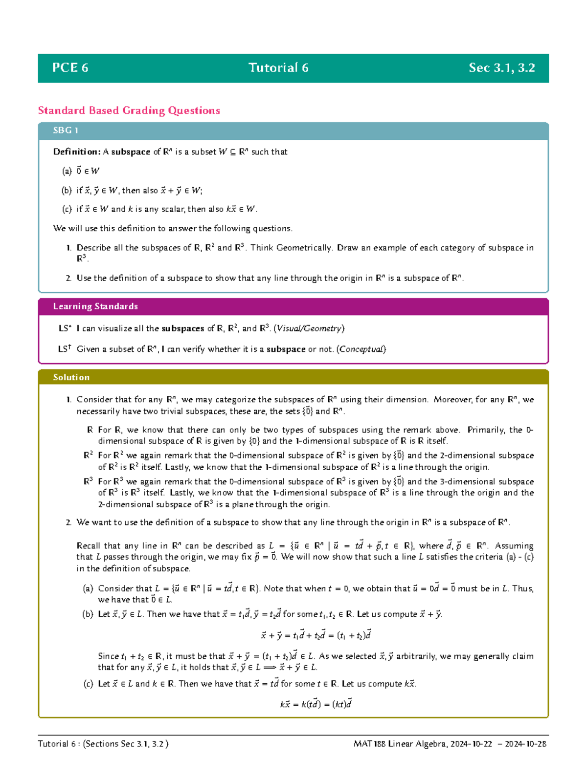 Tutorial 6 Solutions: Subspaces and Linear Transformations in MAT188 ...