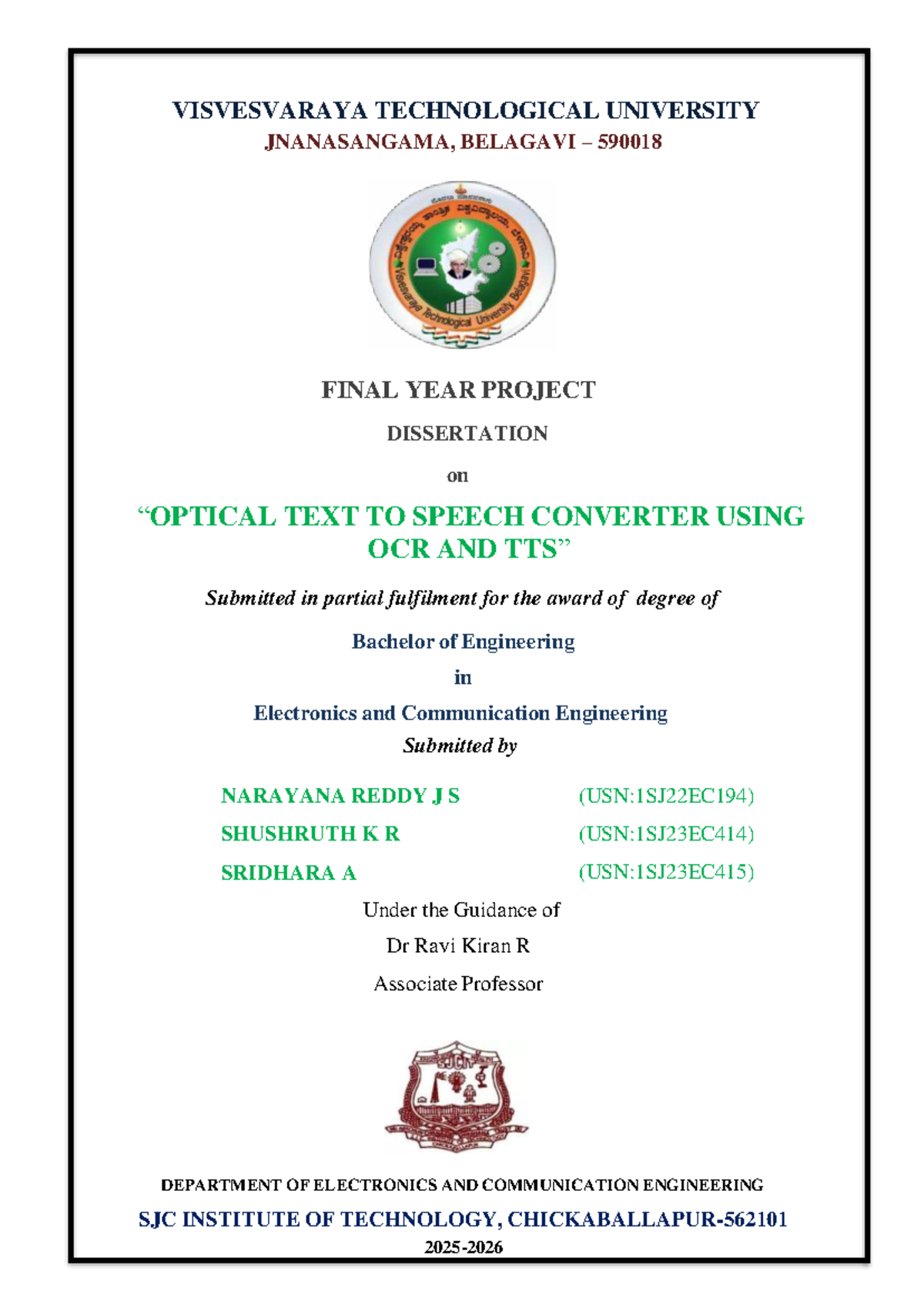 Text to Speech Converter Using OCR - Final Year Project (1SJ22EC194 ...