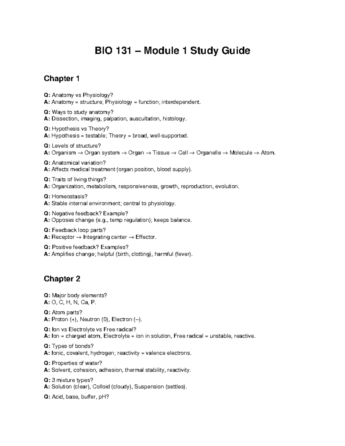 BIO 131 Module 1 Study Guide: Key Concepts in Anatomy & Physiology - Studocu