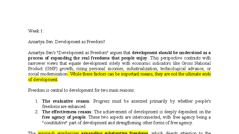 INTD 200 Reading Notes - Week 1: Amartya Sen: Development as Freedom ...