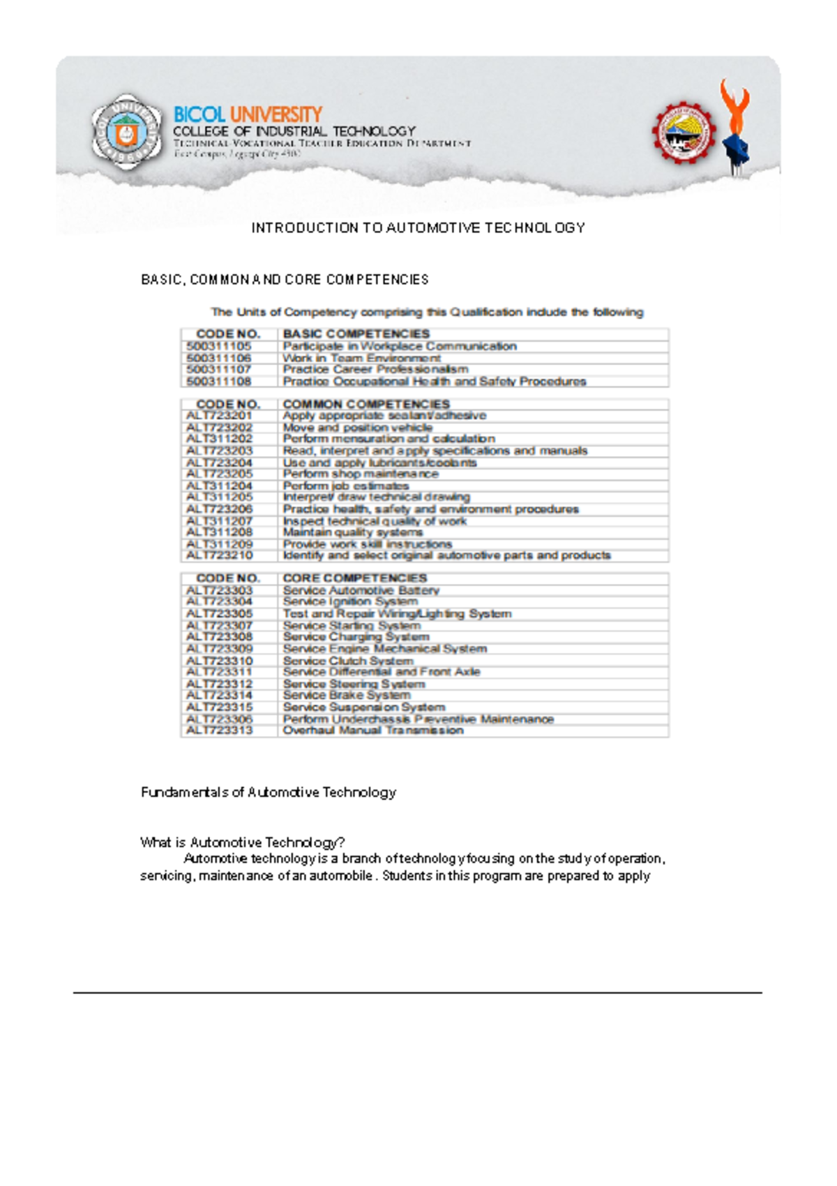 Automotive Technology 101: Key Concepts and Competencies Overview - Studocu
