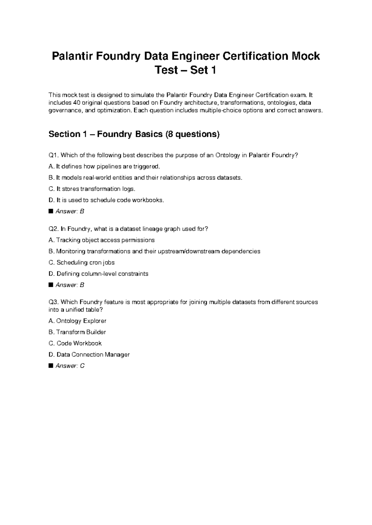 Palantir Foundry Data Engineer Cert Mock Test Set 1 - Studocu