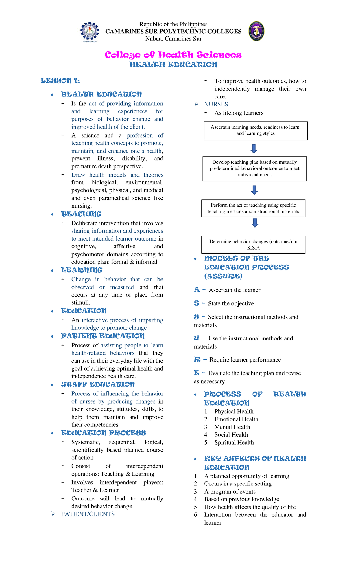 Health Education Lesson 1: Understanding Health Concepts and Teaching ...