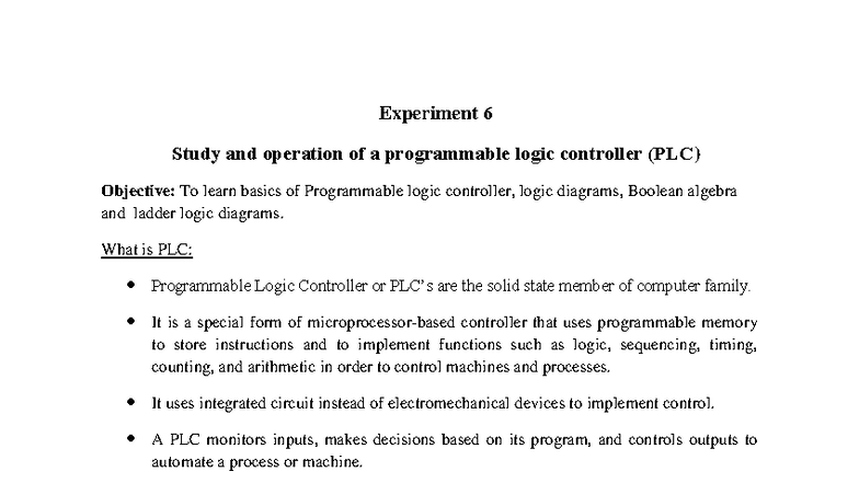 PLC 101: Study and Operation of Programmable Logic Controllers - Studocu