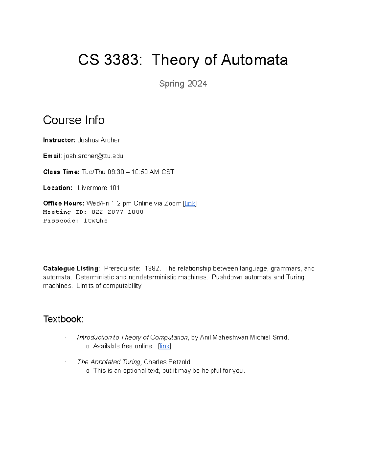 CS 3383 Spring 2024 Theory of Automata Course Syllabus & Info - Studocu