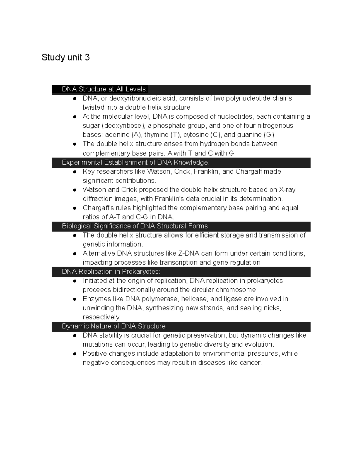 DNA Structure and Replication: Study Unit 3 Overview - Studocu