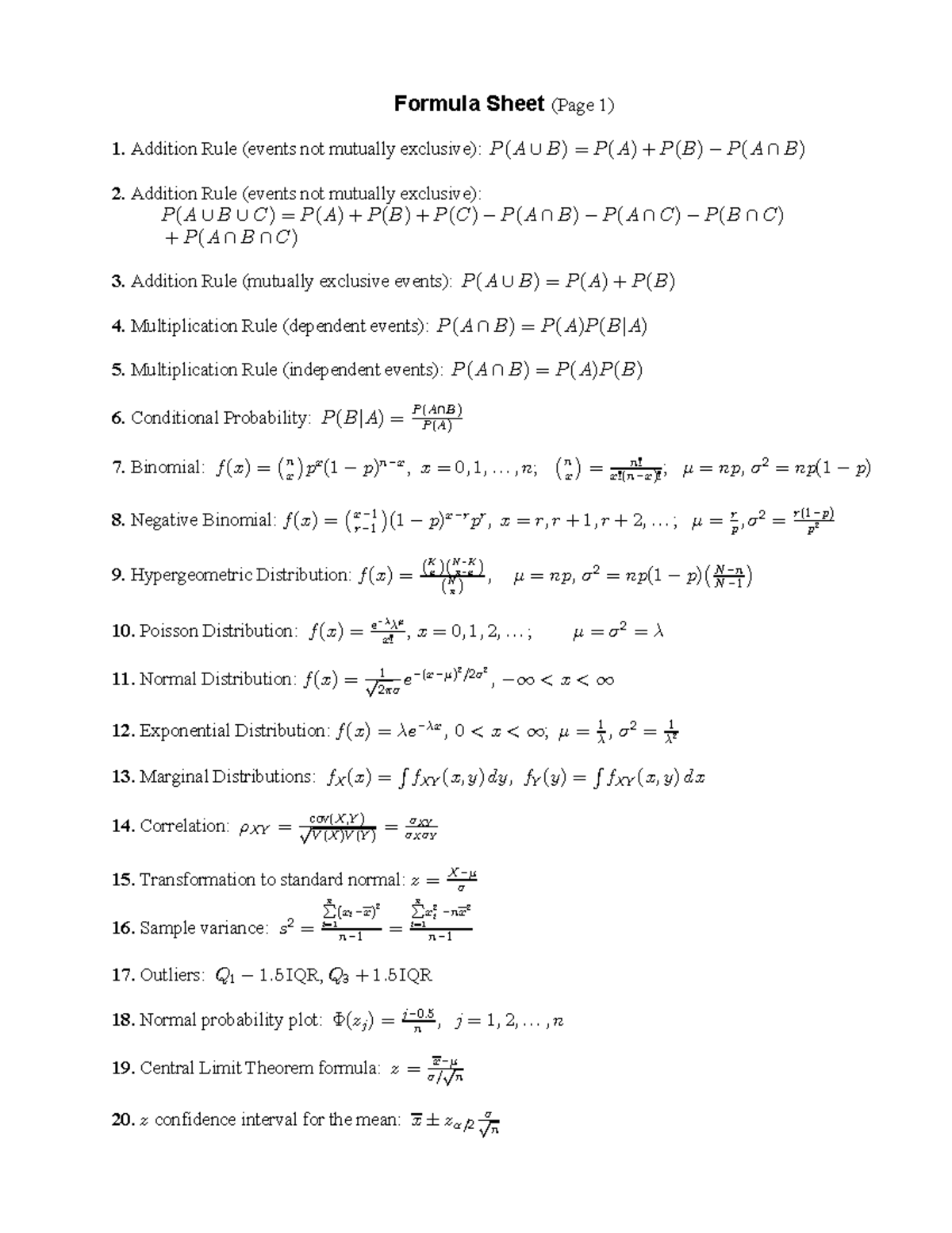 Statistics 101: Formula Sheet for Key Probability Rules - Studocu