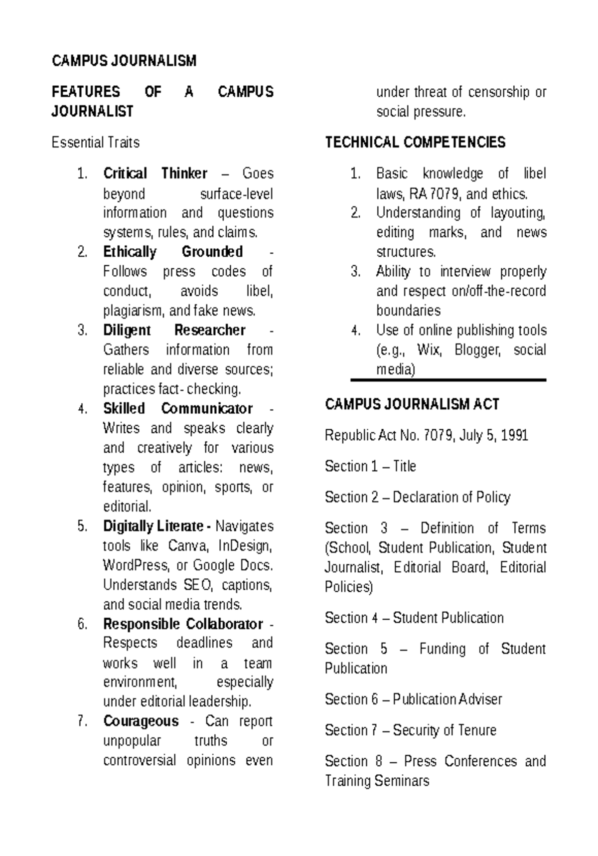 CAMPUS JOURNALISM: Essential Features of a Campus Journalist - Studocu