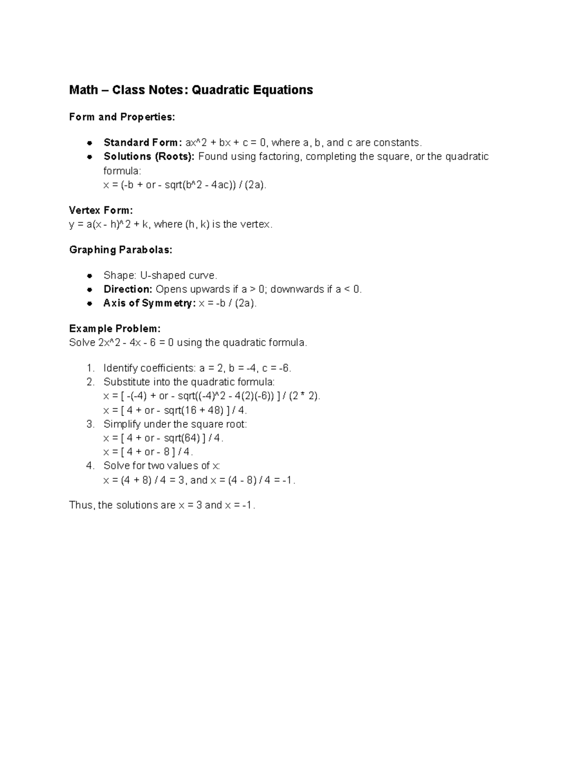 Ch 57 Math – Class Notes Quadratic Equations - Math – Class Notes ...