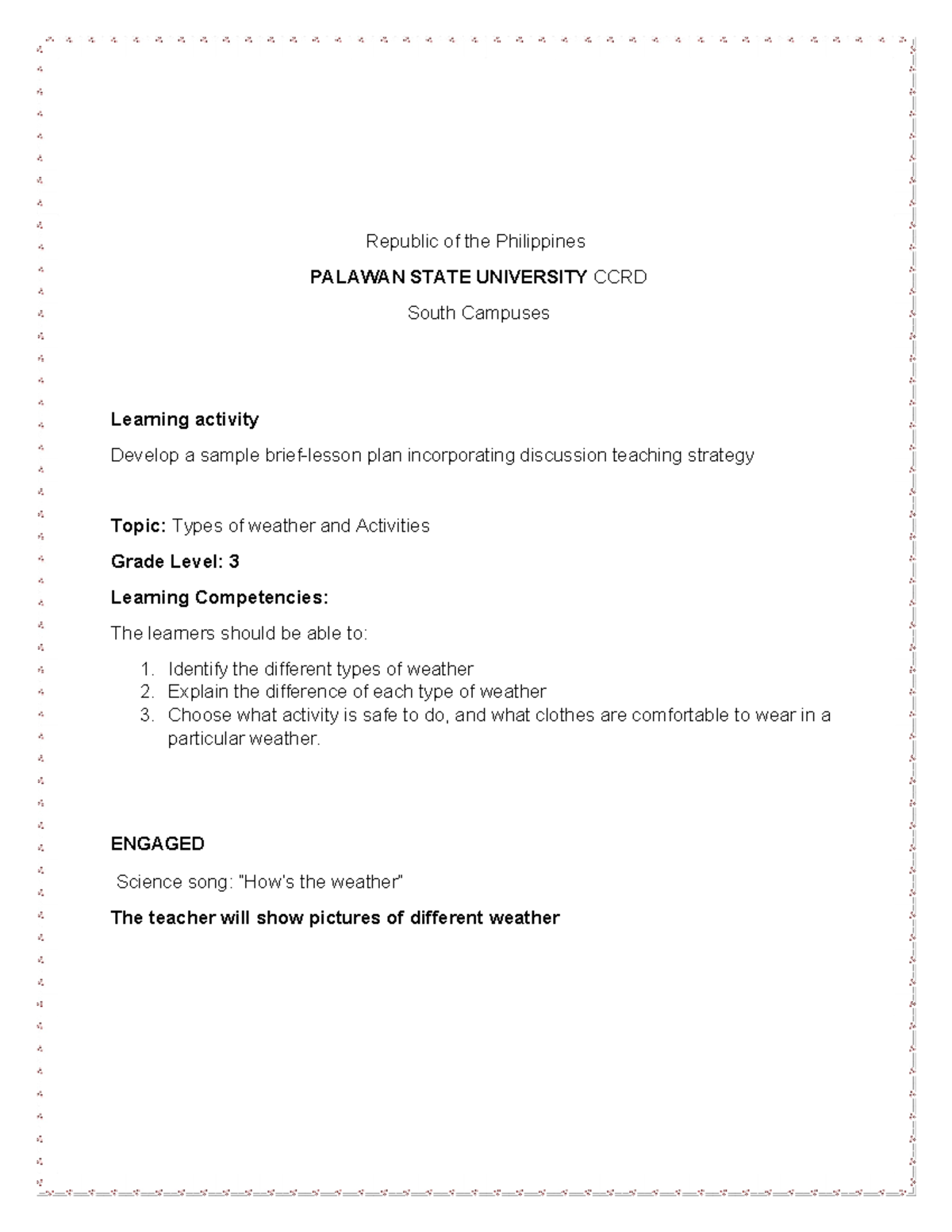 M 3 and 4 5E LP - Nice - Republic of the Philippines PALAWAN STATE ...