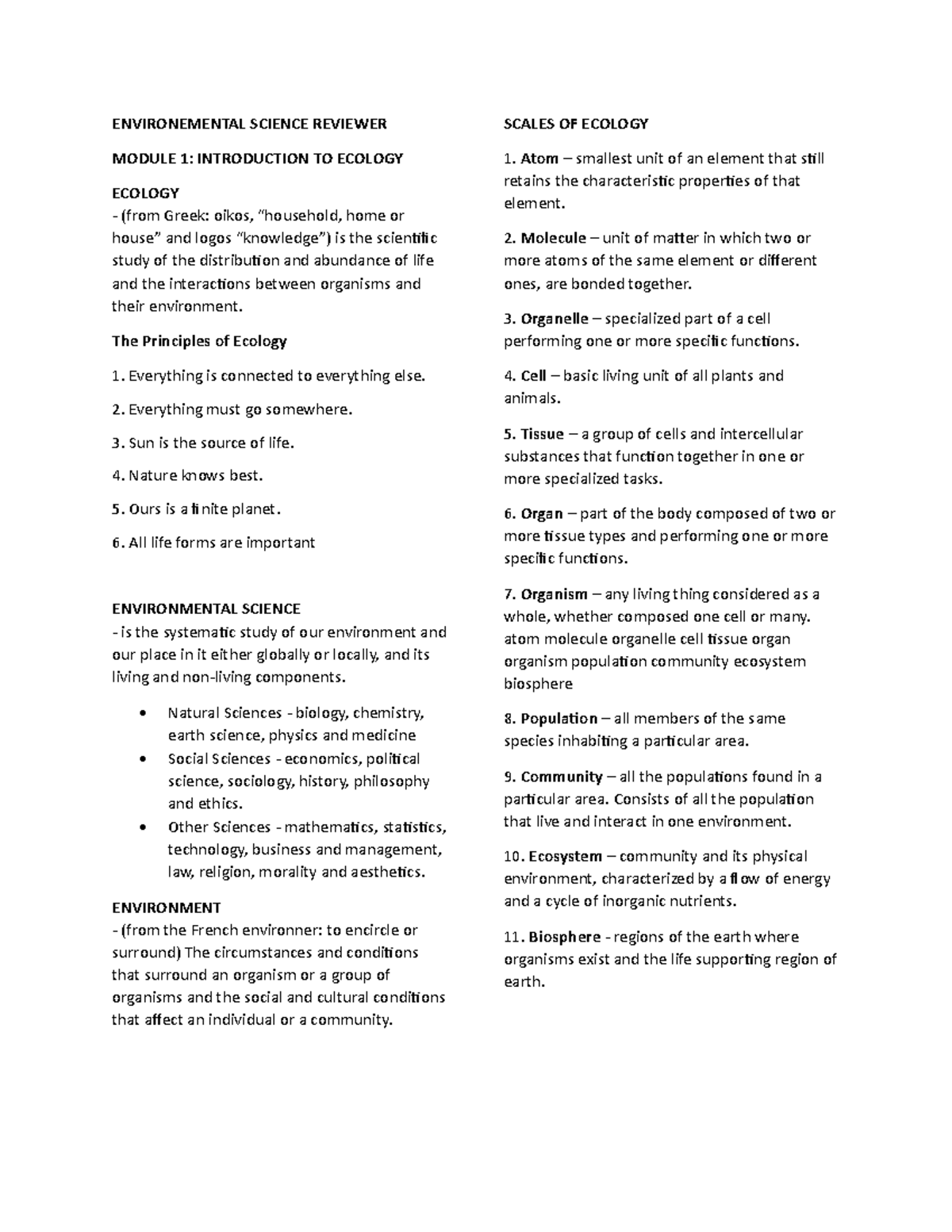 ENVIRONMENTAL SCIENCE REVIEWER: SCALES OF ECOLOGY MODULE 1 - Studocu