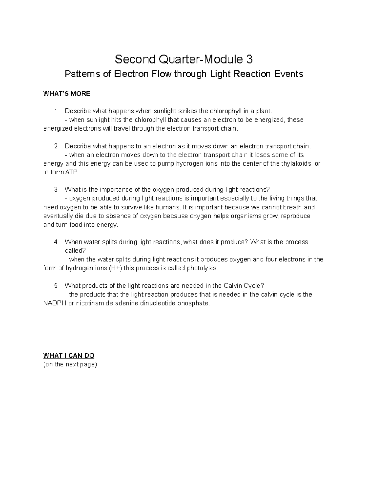 General Biology Patterns of Electron Flow through Light Reaction Events ...