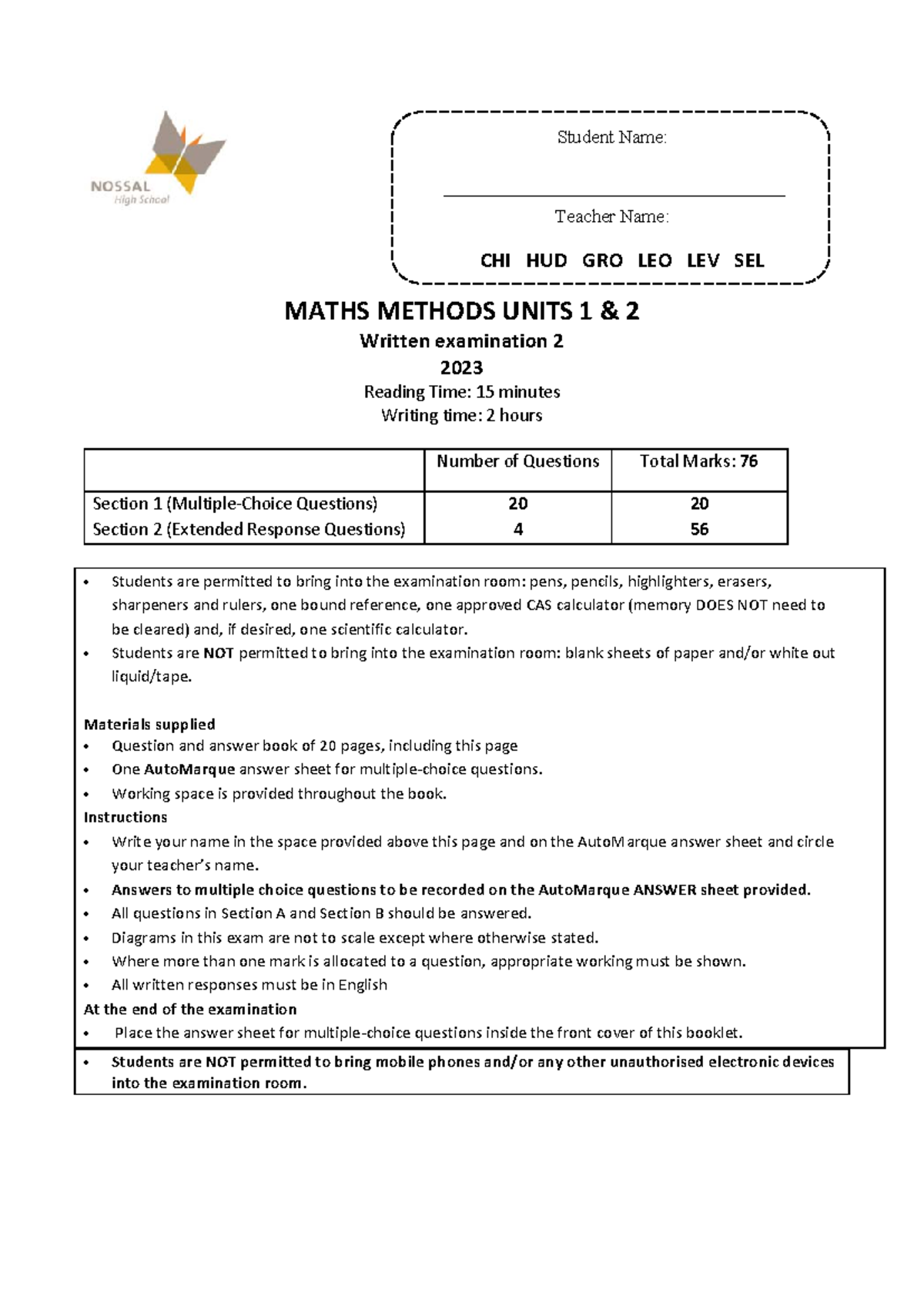 Math Methods 23 Unit 1 & 2 Exam 2 Final Exam Paper - Studocu