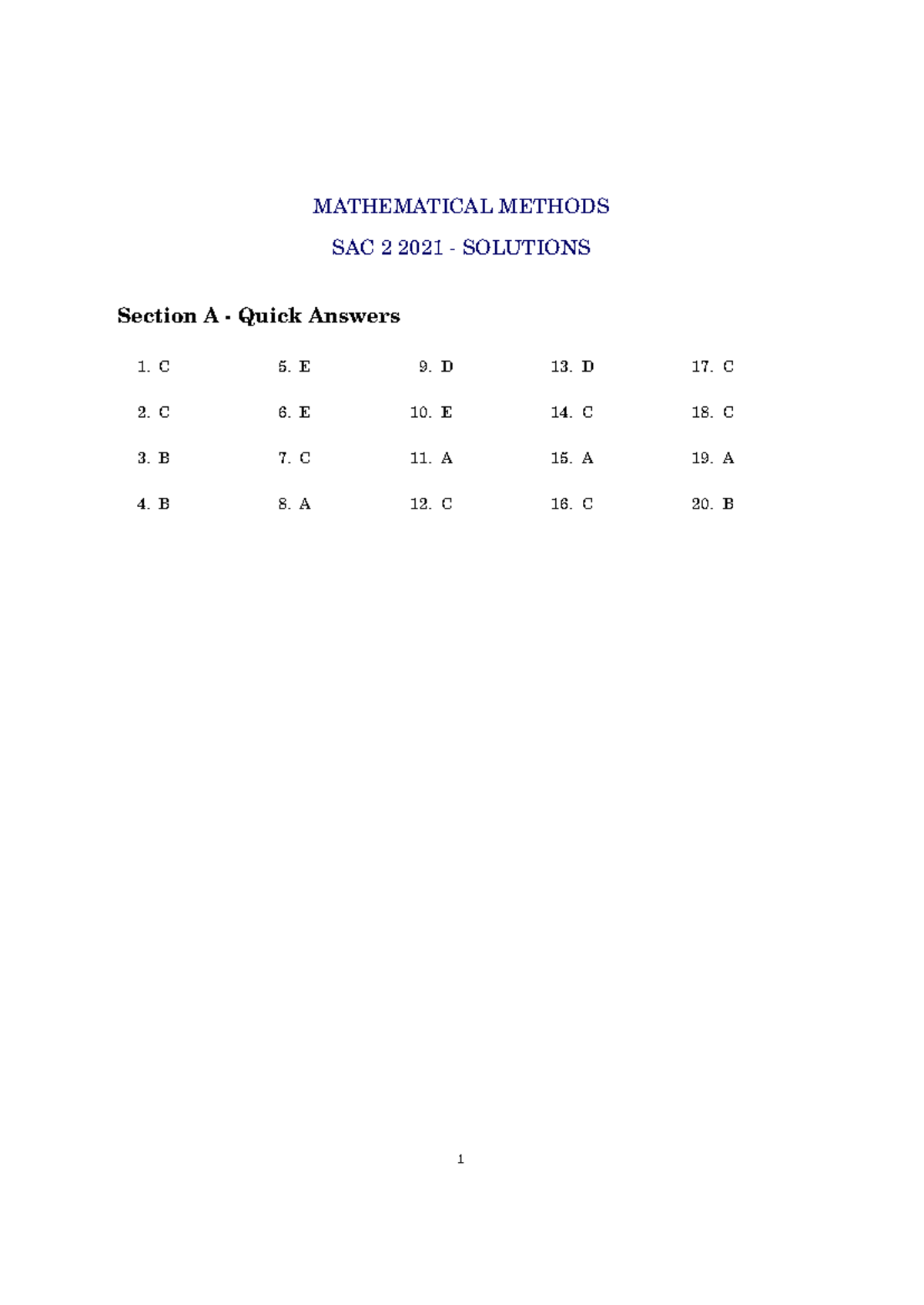 MM SAC 2 2021 Solutions - Mathematical Methods Unit 3 Answers - Studocu