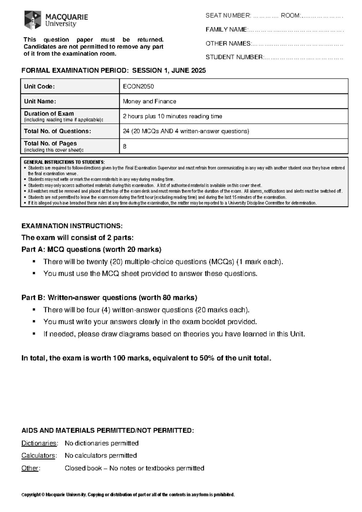 ECON2050 2025S1 - Final Exam Paper on Money and Finance - Studocu