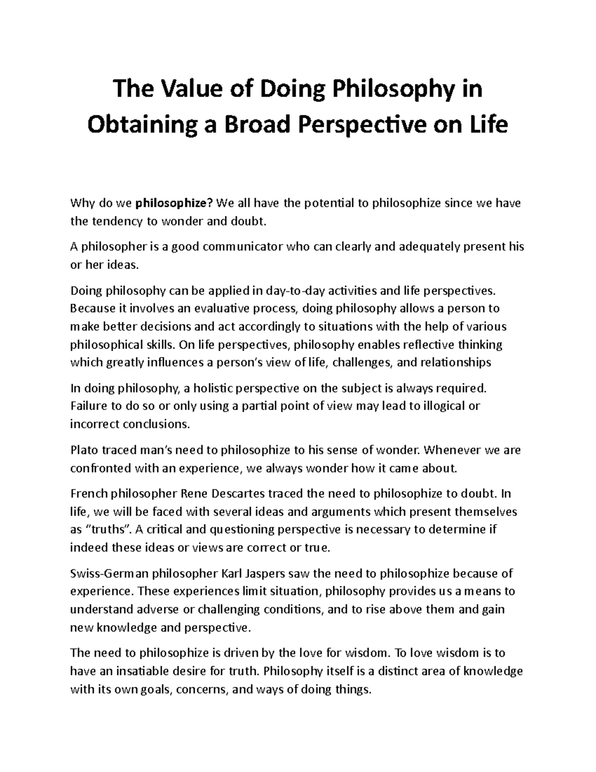 The Value of Philosophy: Gaining a Broad Perspective on Life - Studocu