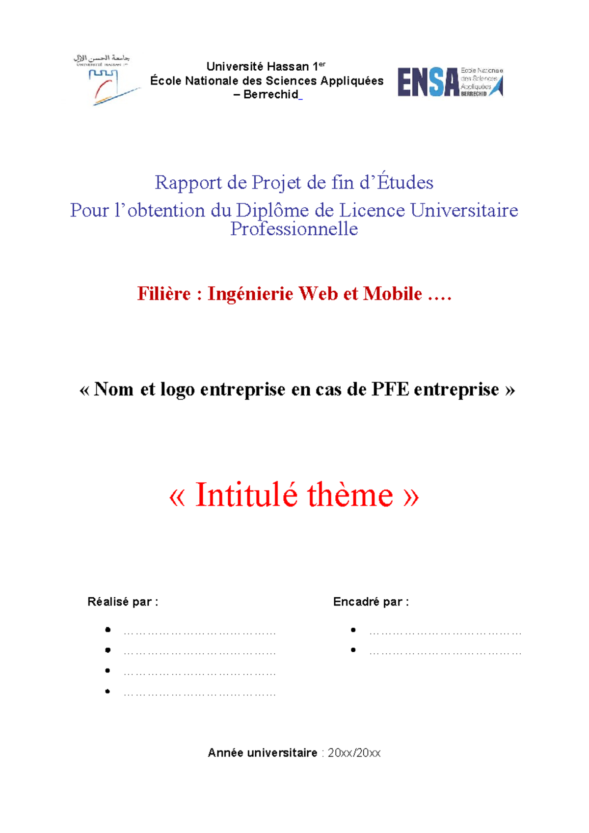 Modèle de Mémoire de Projet de Fin d'Études - ENSA Berrechid - Studocu