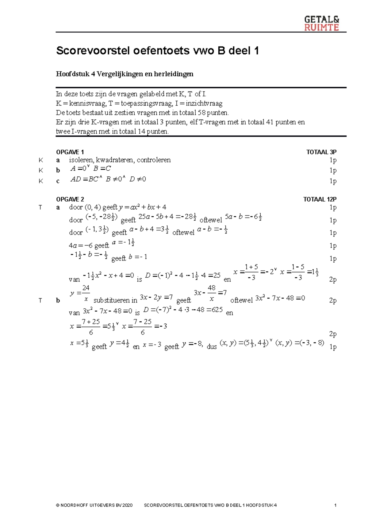 Oefentoets-h4-uitwerkingen - Scorevoorstel oefentoets vwo B deel 1 Hoofdstuk 4 Vergelijkingen en ...