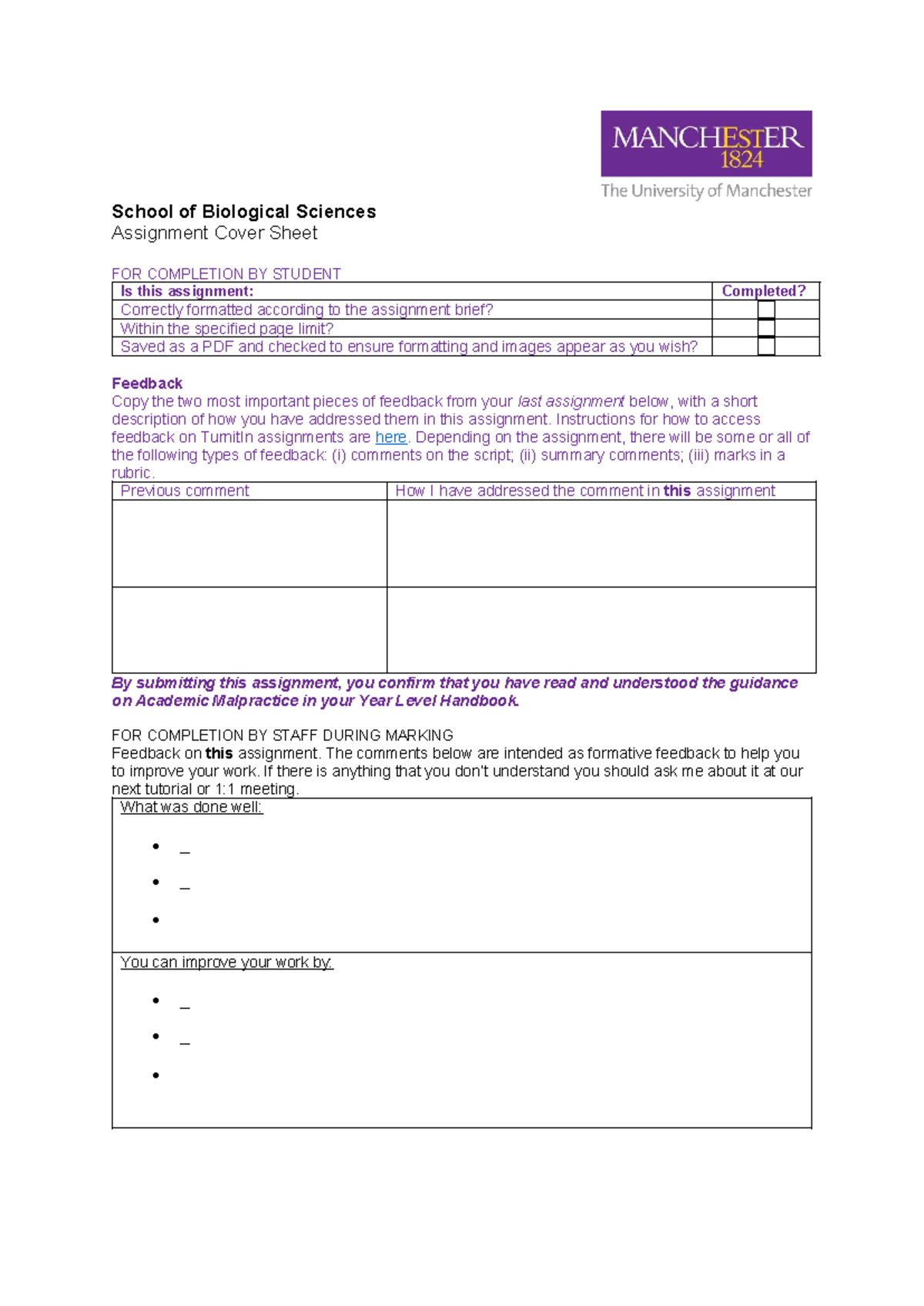 School of Biological Sciences Assignment Cover Sheet: Tutorial Feedback ...