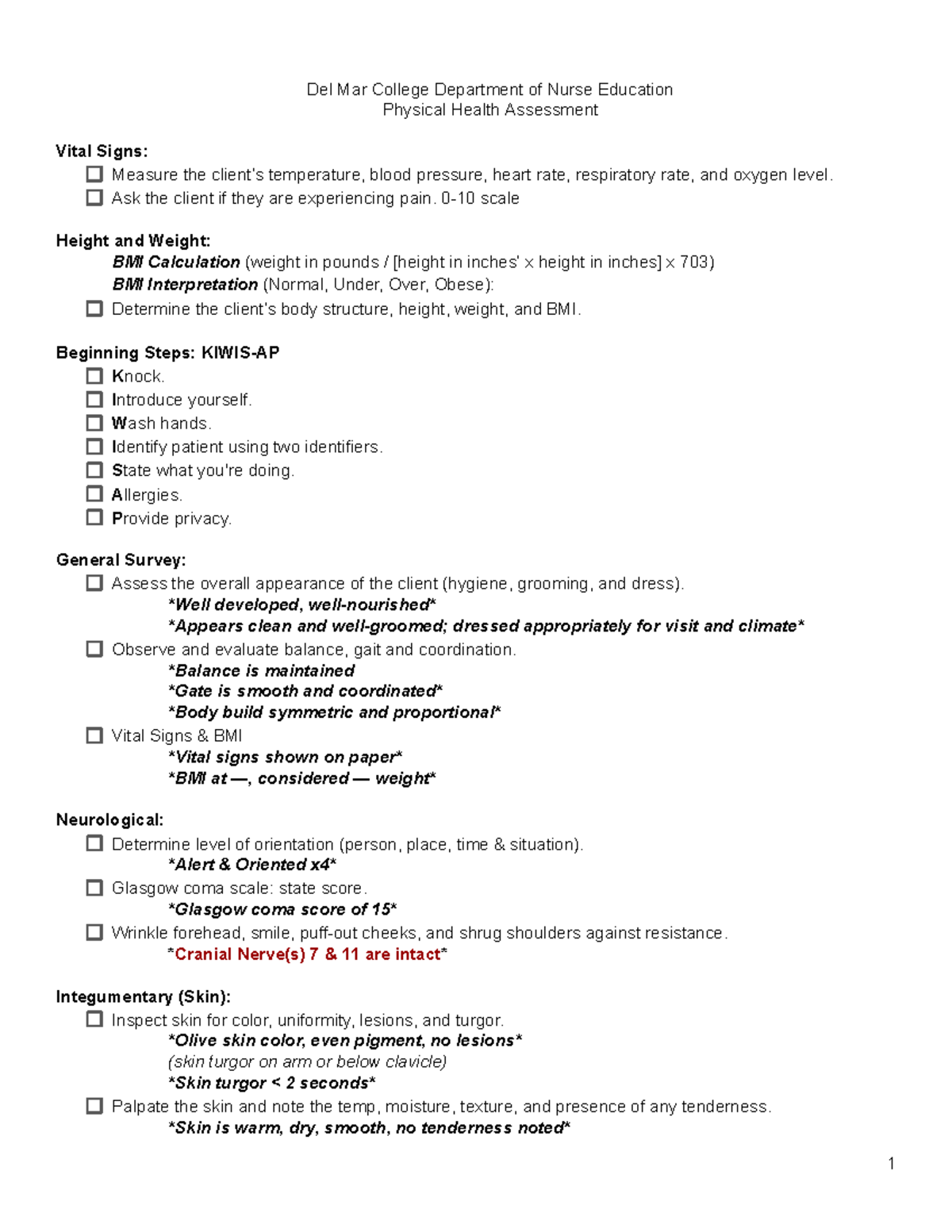 Del Mar College Nurse Education Physical Health Assessment Checklist ...
