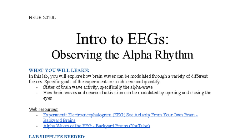 NEUR 2010L Lab: Exploring Alpha Rhythm in EEG Recordings - Studocu