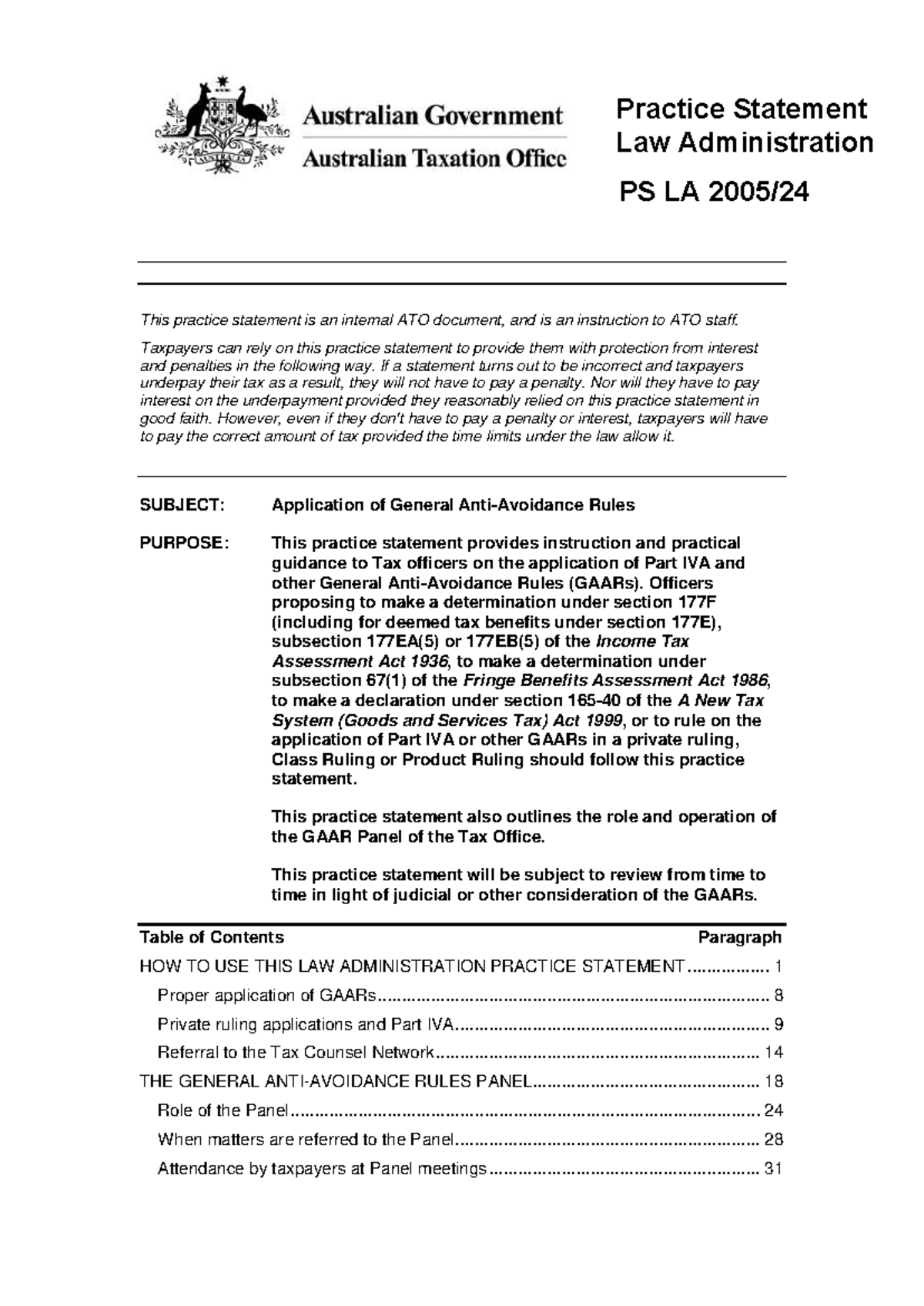 ATO Practice Statement PS LA 2005-024: Guidance on Part IVA Application ...