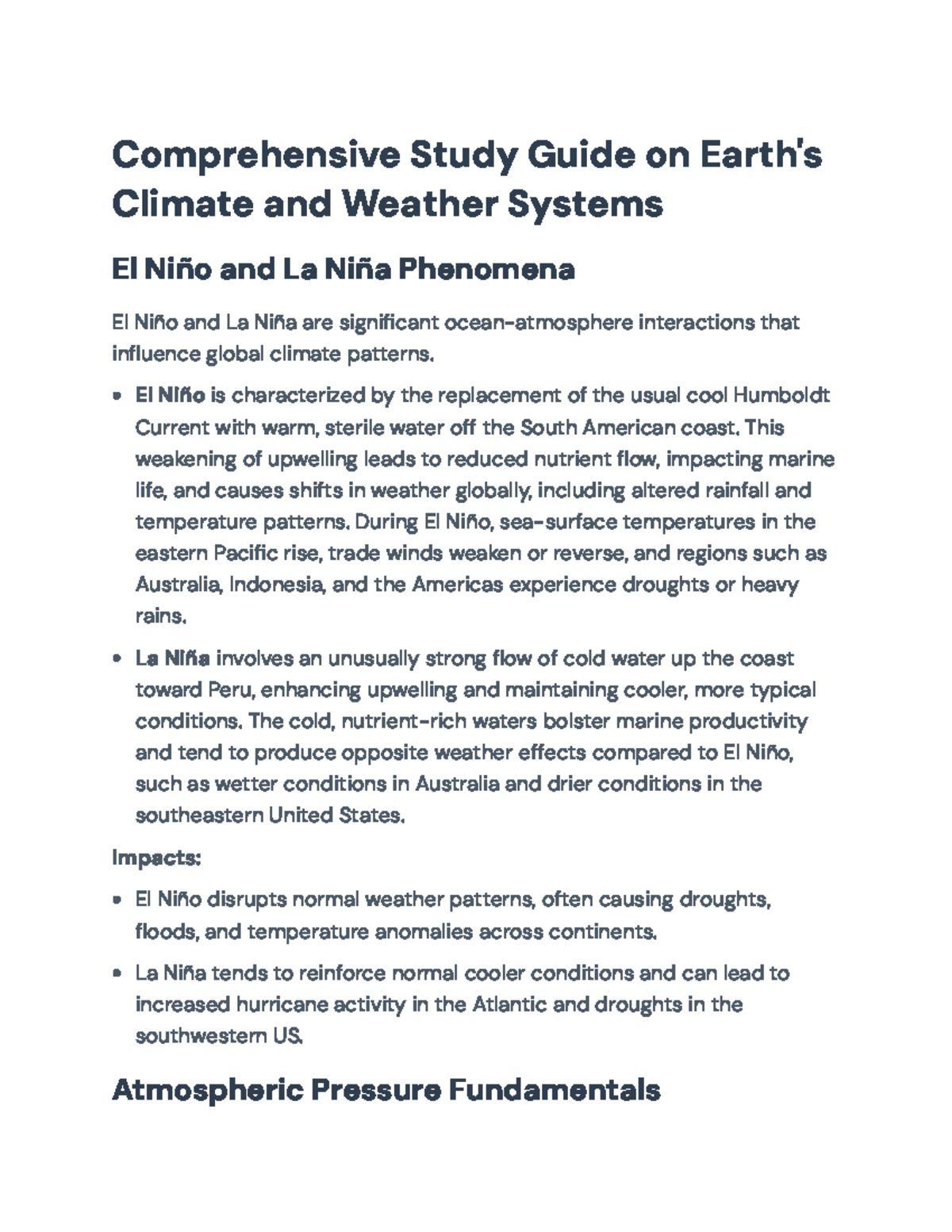 Comprehensive Study Guide on Climate Systems: El Niño & La Niña - Studocu