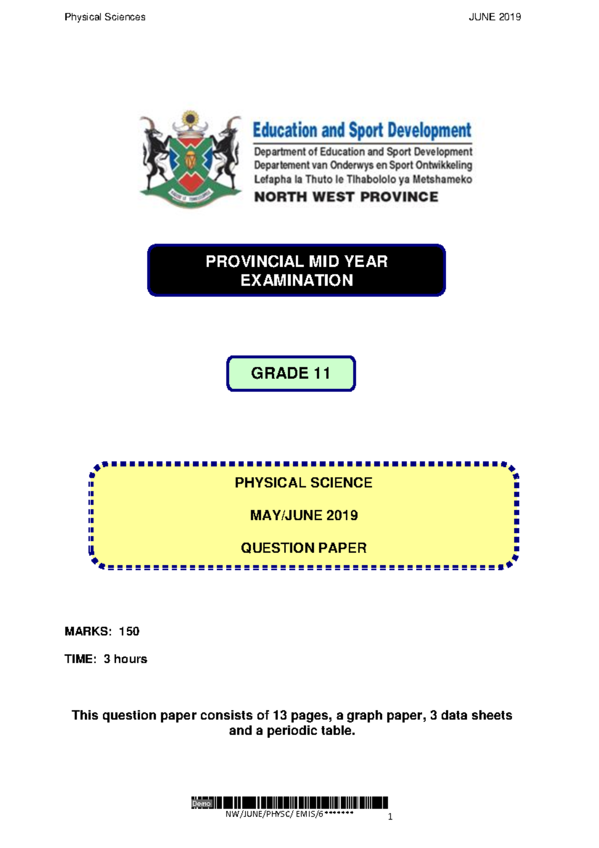 Grade 11 Physical Science GR-11 Mid Year Exam Paper - June 2019 - Studocu