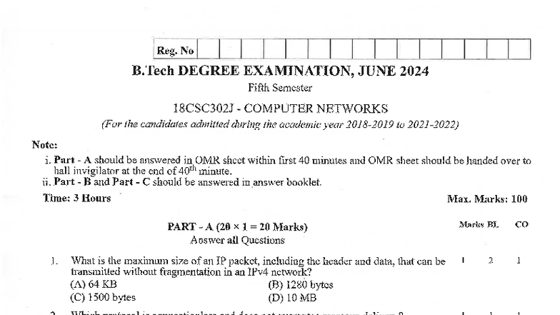 18CSC302J Computer Networks - June 2024 Exam Question Paper - Studocu