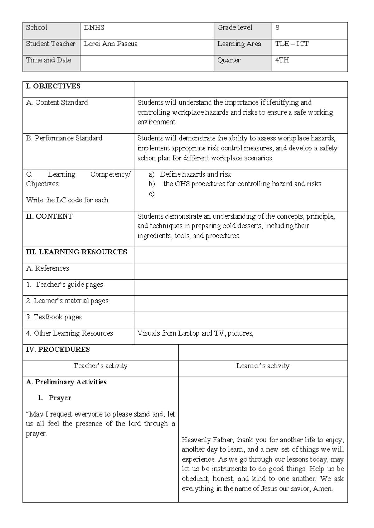 Detailed Lesson PLAN Cookery - School DNHS Grade level 8 Student ...