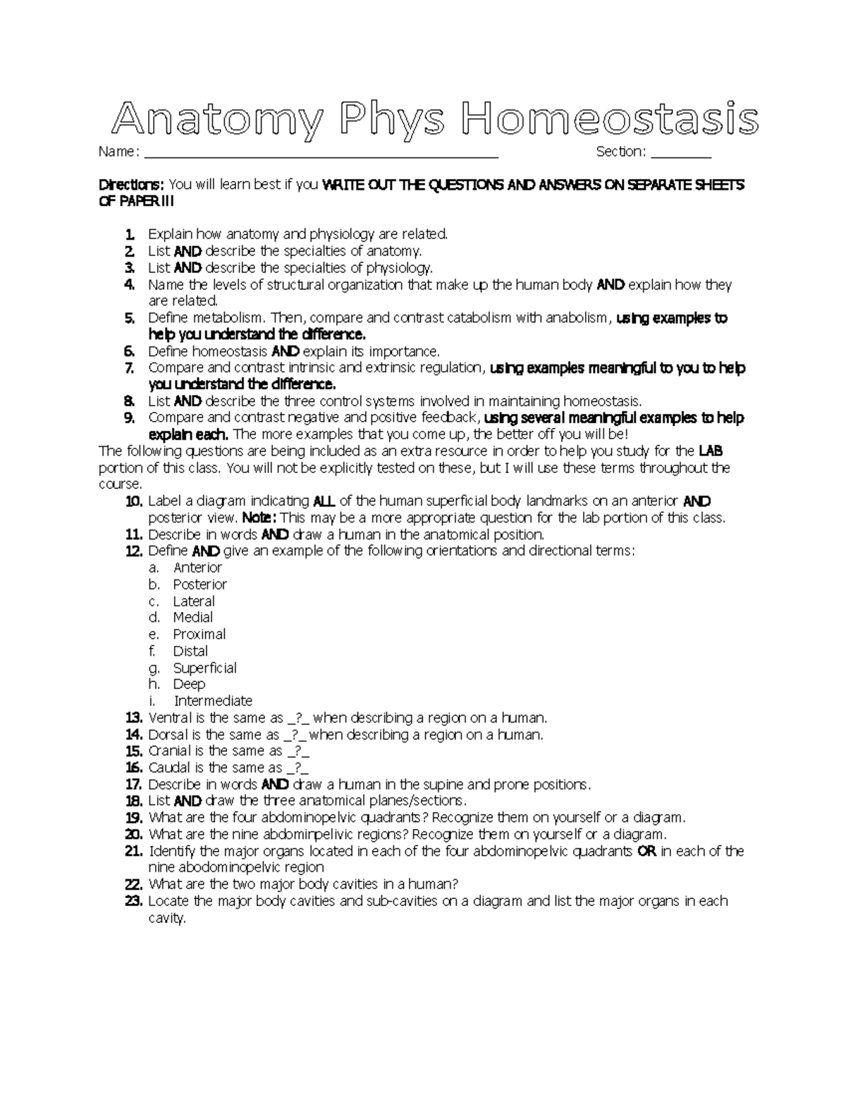 1 Anatomy Phys Homeostasis Review Guide - Name