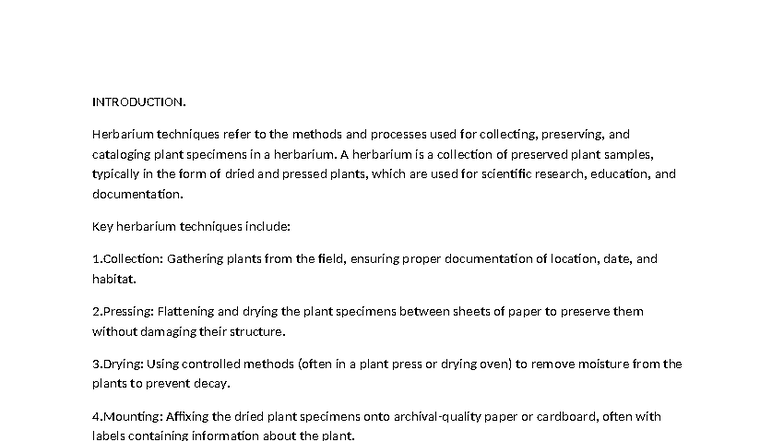 Herbarium Techniques: Methods for Plant Specimen Preservation - Studocu