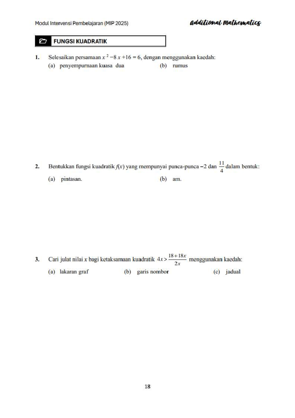 MIP 2025: Modul Intervensi Pembelajaran - Fungsi Kuadratik dan ...