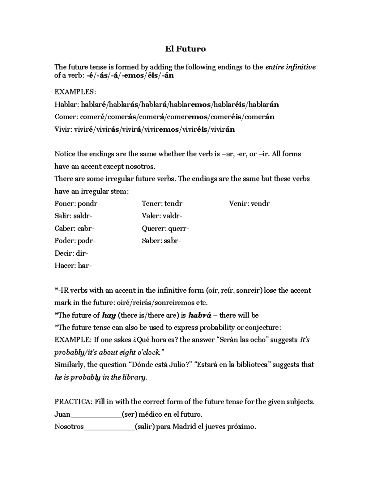 Future Tense - El Futuro The future tense is formed by adding the ...