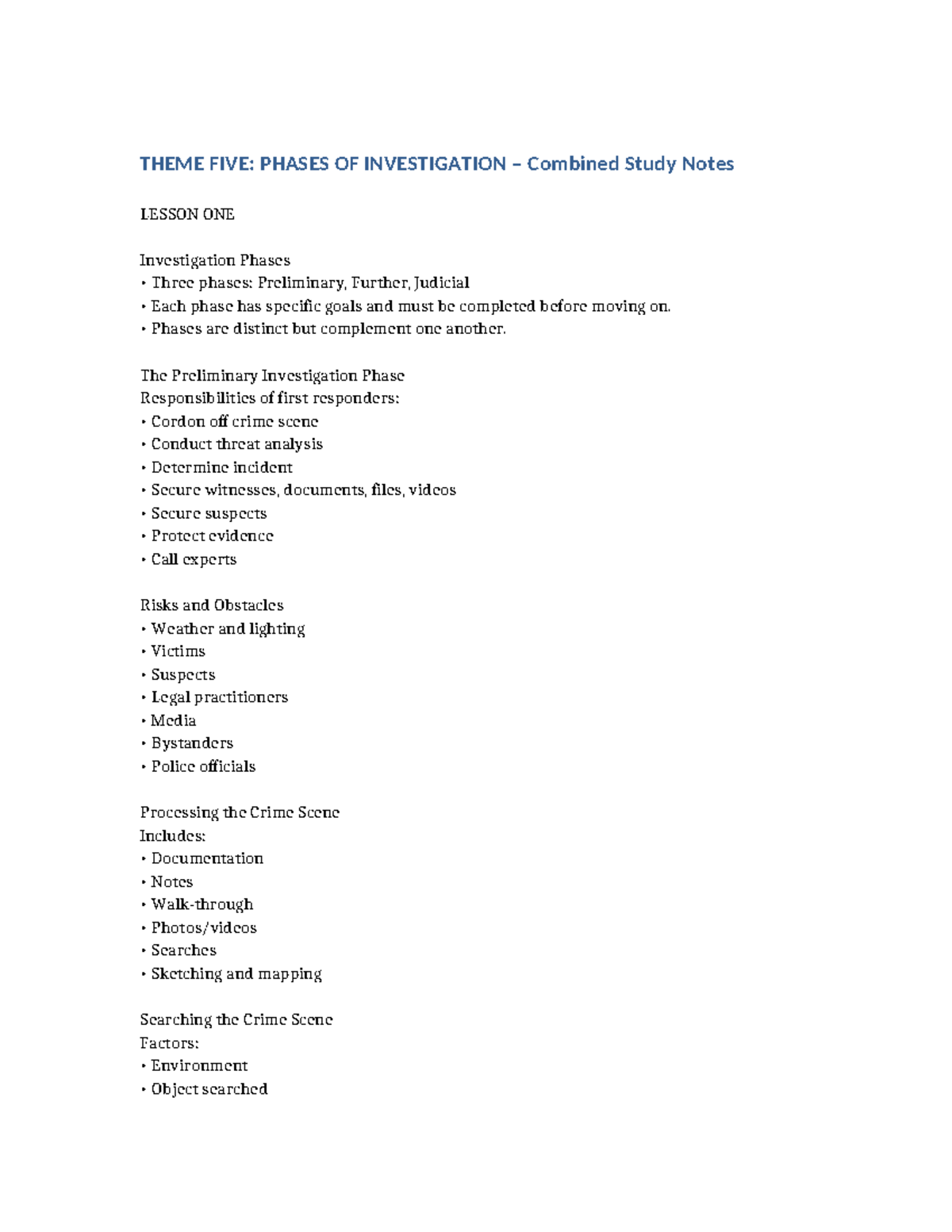 Theme 5: Phases of Investigation - Combined Study Notes (Lesson 1 & 2 ...
